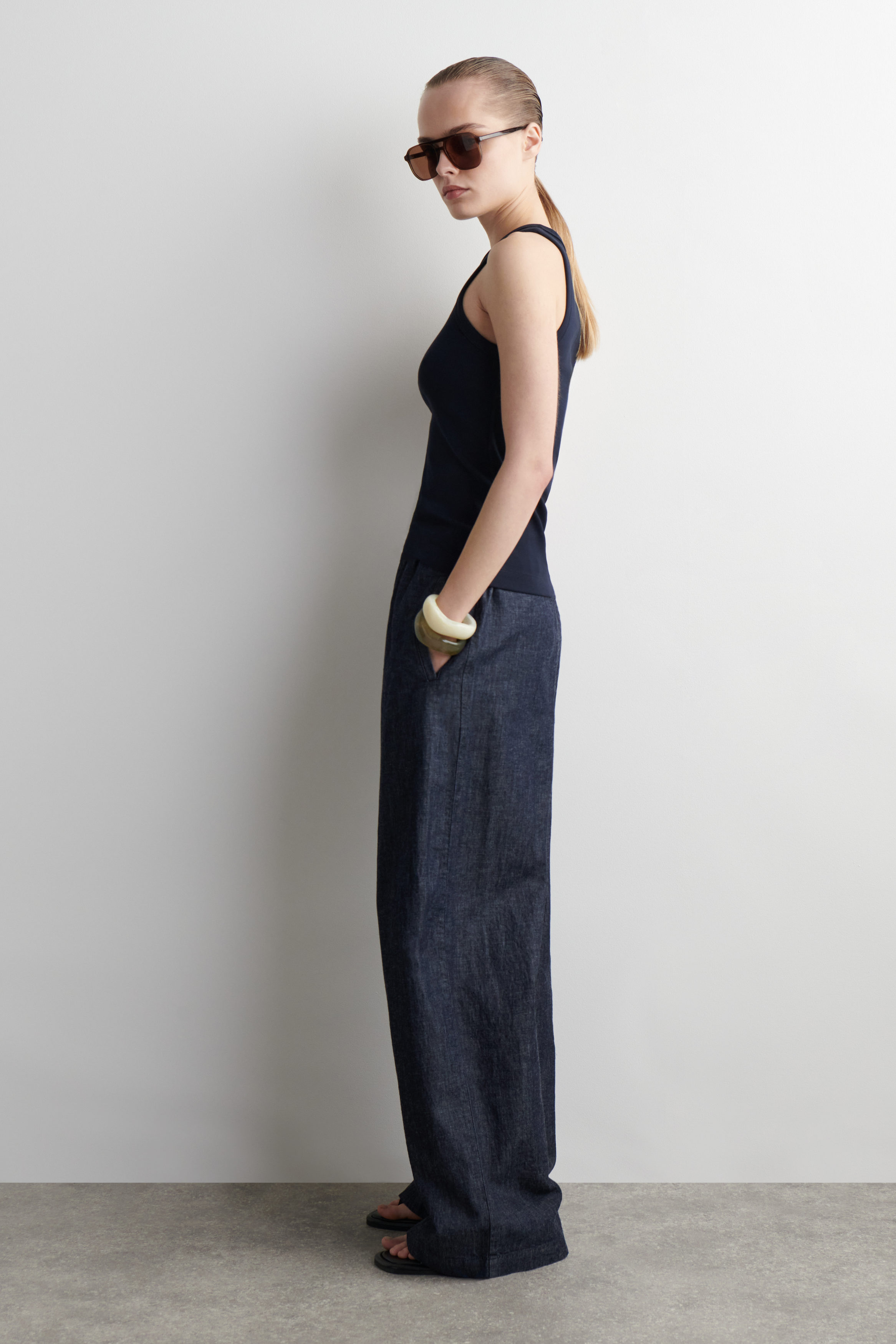 DENIM WIDE-LEG DRAWSTRING TROUSERS - INDIGO DENIM WIDE-LEG DRAWSTRING TROUSERS - INDIGO