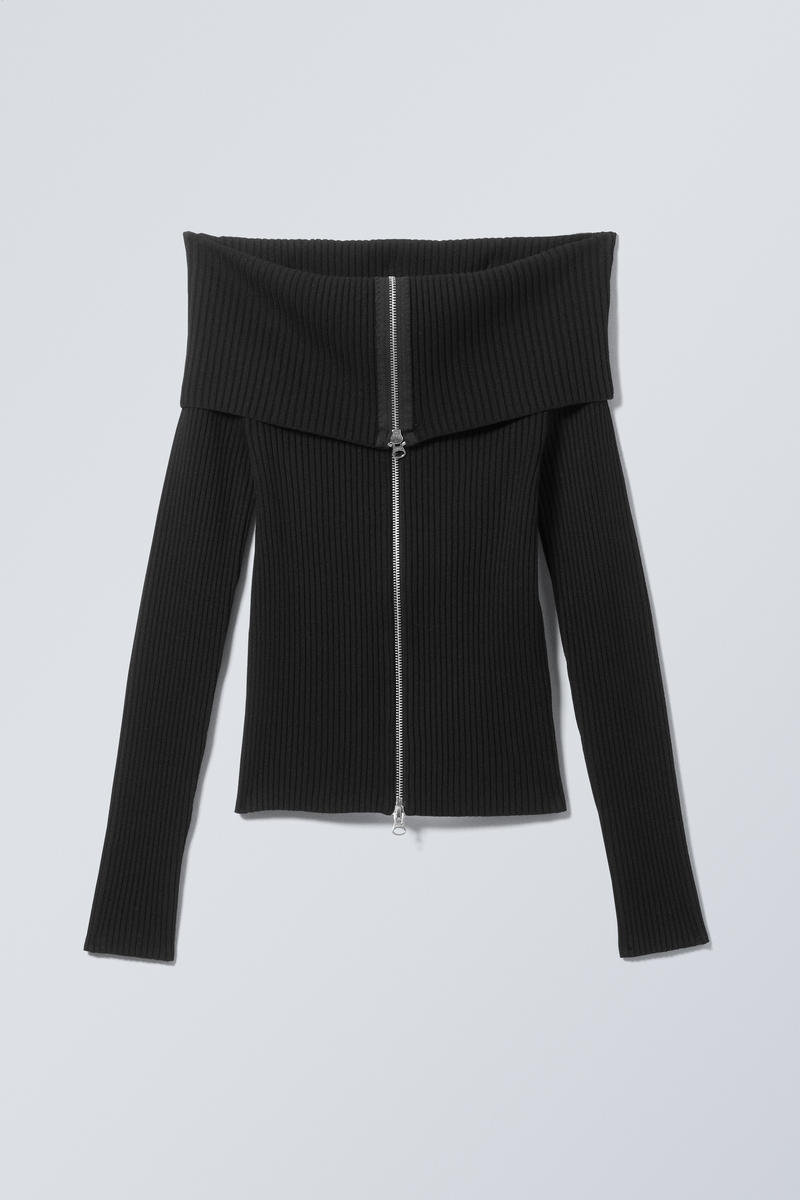 vanna off shoulder zip cardigan - Black | Weekday EU